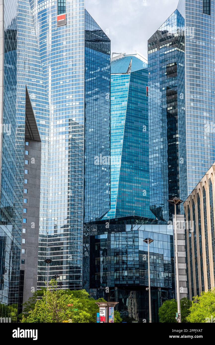 Scenic skyscrapers with glass facades at La Defense district in Paris ...