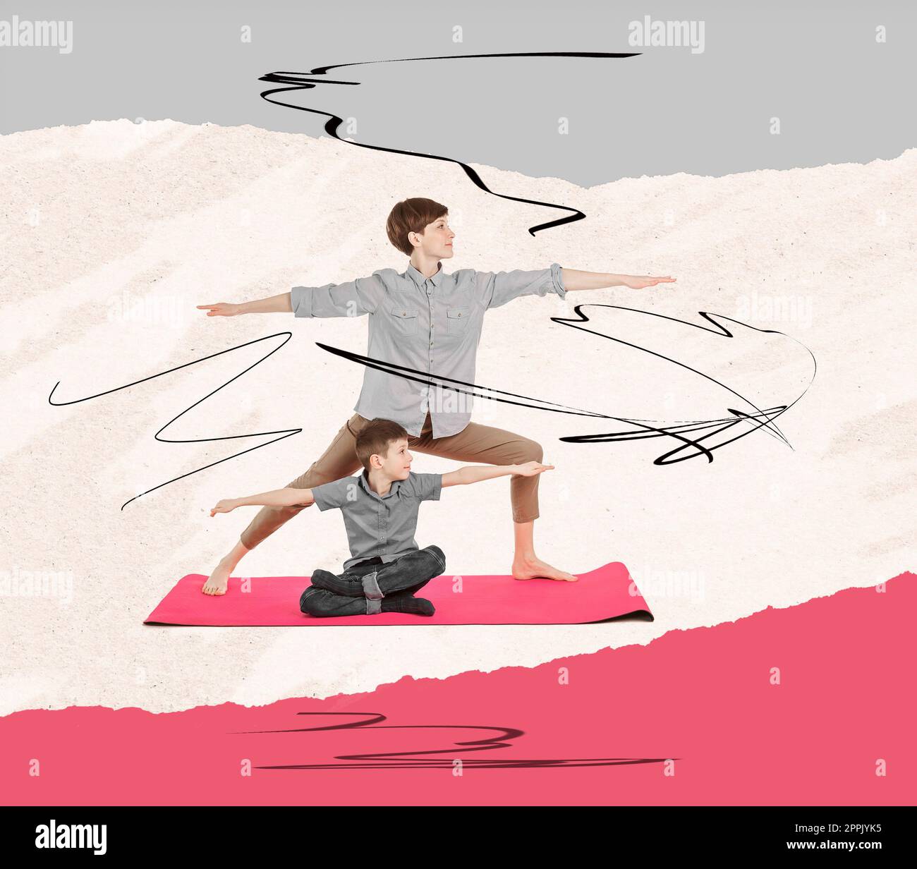 Contemporary art collage or design about mother and son doing yoga or ...