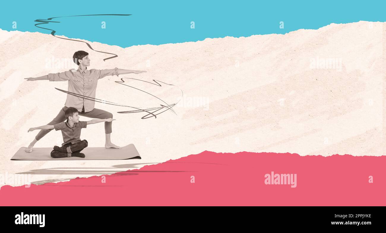 Contemporary art collage or design about mother and son doing yoga or ...