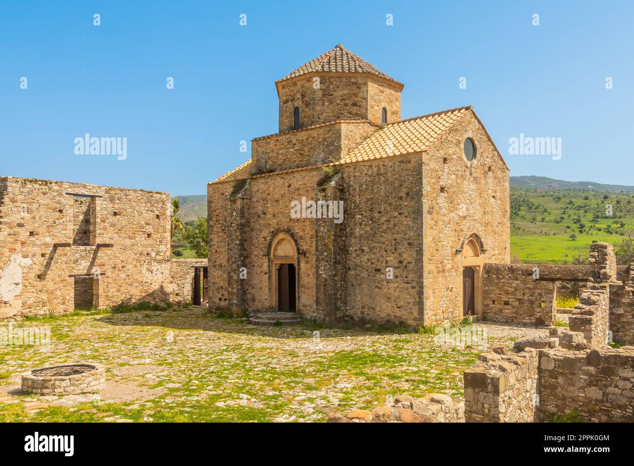 Ruins of Panagia tou Sinti ortodox Monastery with temple in the center ...