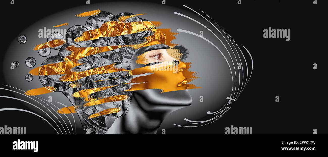 AI or Artificial Intelligence concept. Thinking businesswoman with gear ...