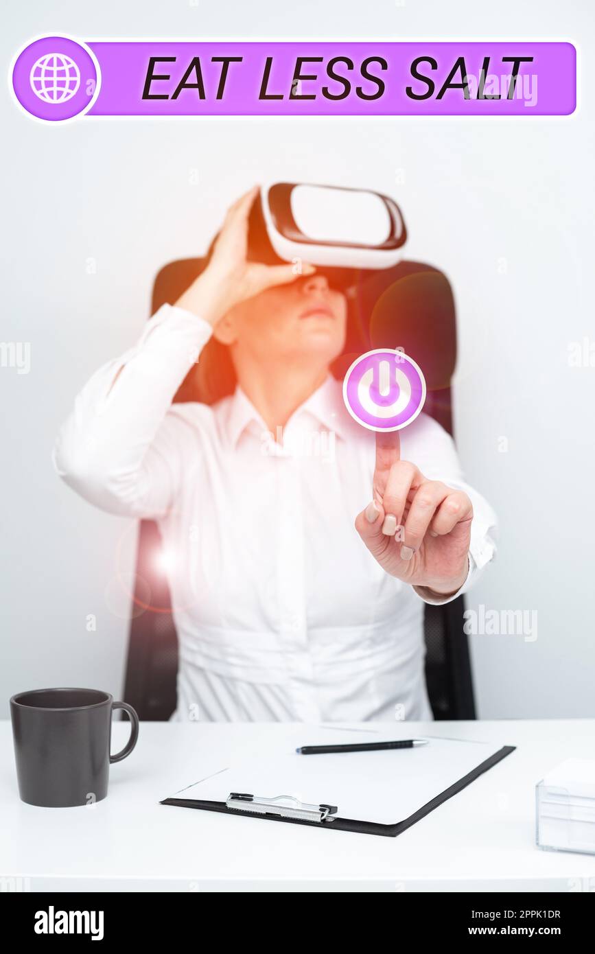 Text showing inspiration Eat Less Salt. Business idea reducing the ...