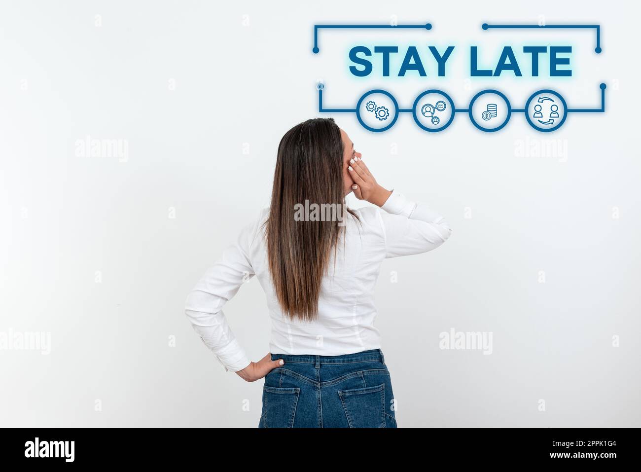 Hand writing sign Stay Late. Business concept A routine in which a ...