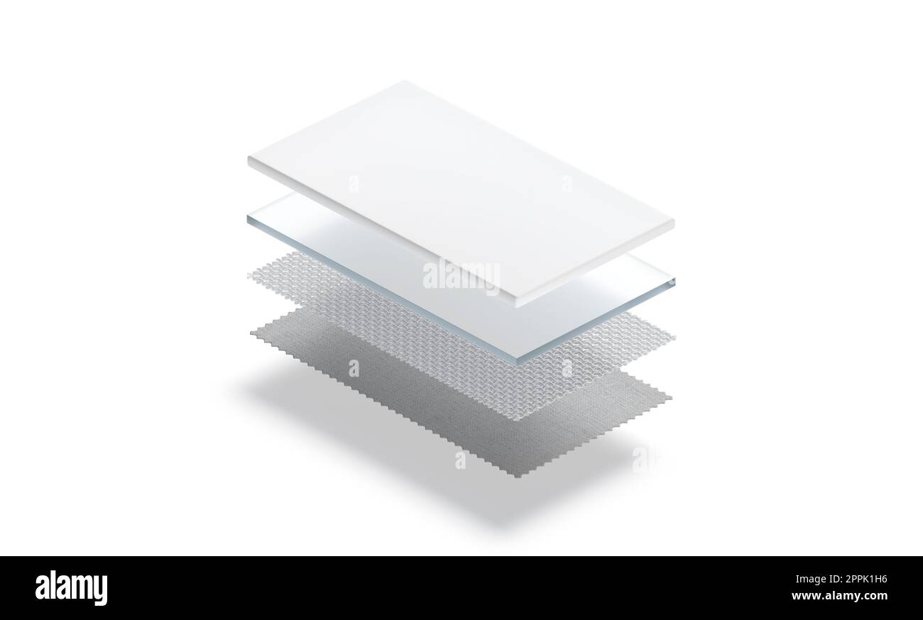 Blank white and matte glass, net, textile material layers mockup Stock ...