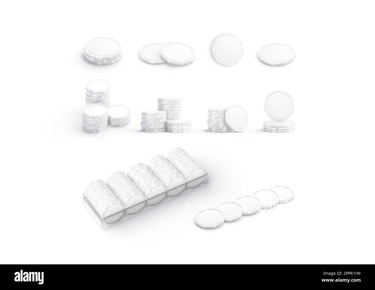 Blank white plastic round chip mockup, different views, isolated Stock ...