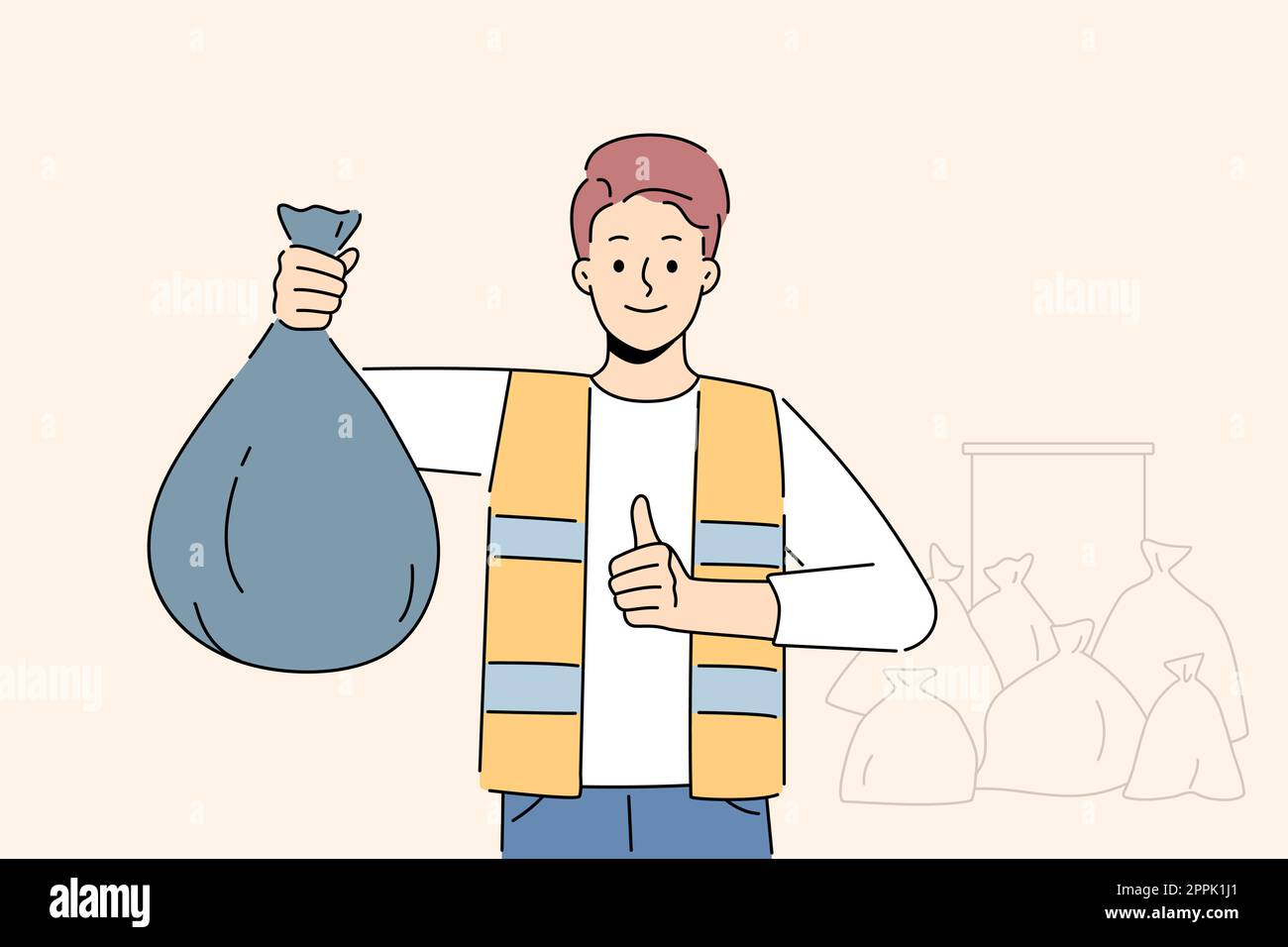 Garbage collector holding plastic bag with waste in hands show thumb up ...