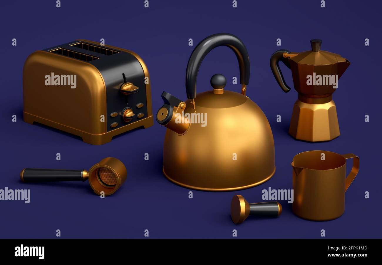 Kettle, toaster, coffee machine horn and geyser coffee maker on blue ...