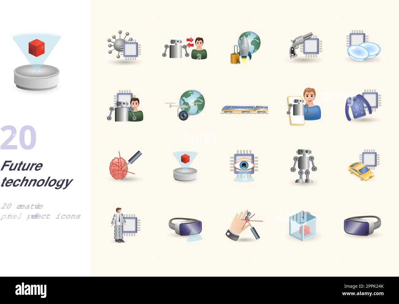 Future technology set. Creative icons: nanobot, cyborg, space tourism ...