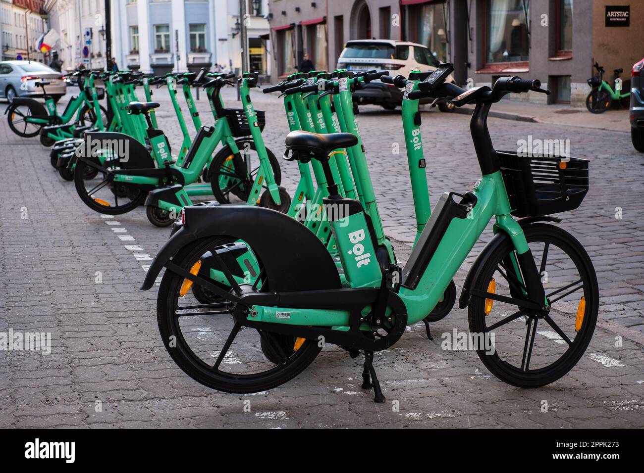 Tallinn, Estonia - April 21, 2023: Bolt electric scooters. Parked green ...