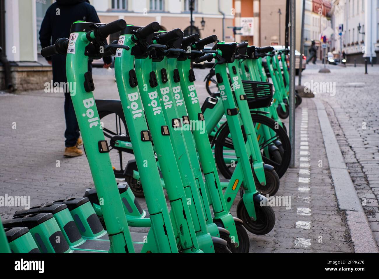 Tallinn, Estonia - April 21, 2023: Bolt electric scooters. Parked green ...