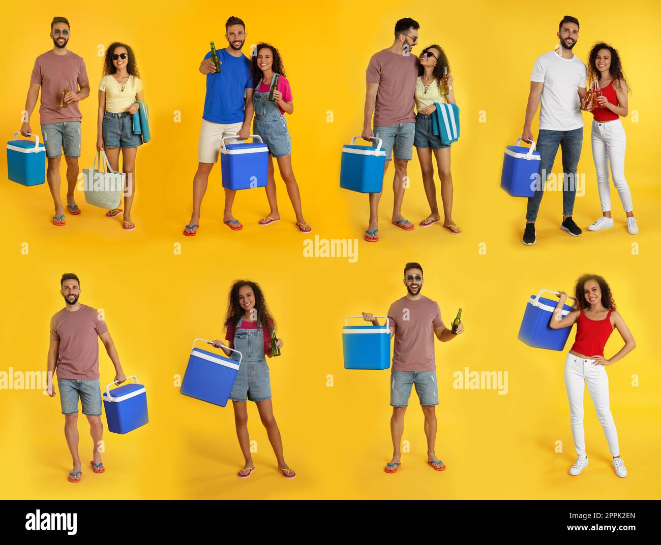 Collage with photos of people holding cool boxes on yellow background ...