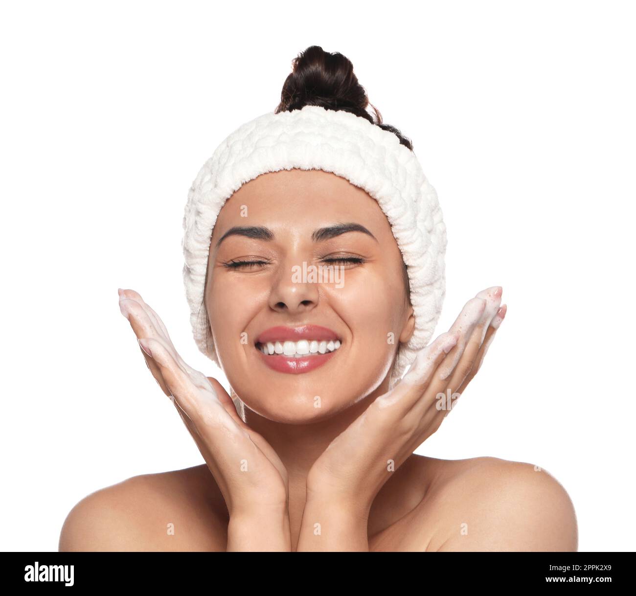 Beautiful Woman Applying Facial Cleansing Foam On White Background