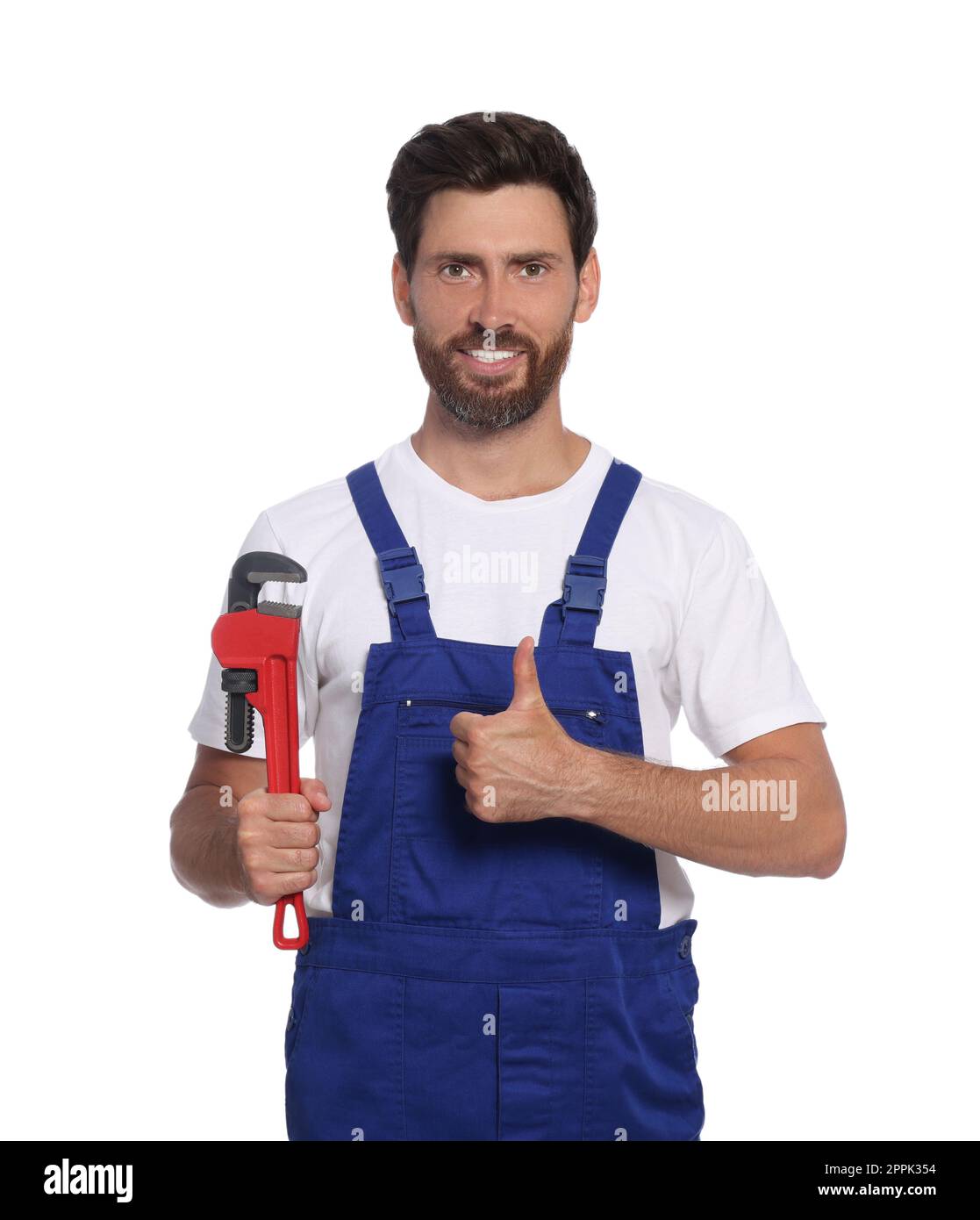Professional plumber with pipe wrench on white background Stock Photo ...
