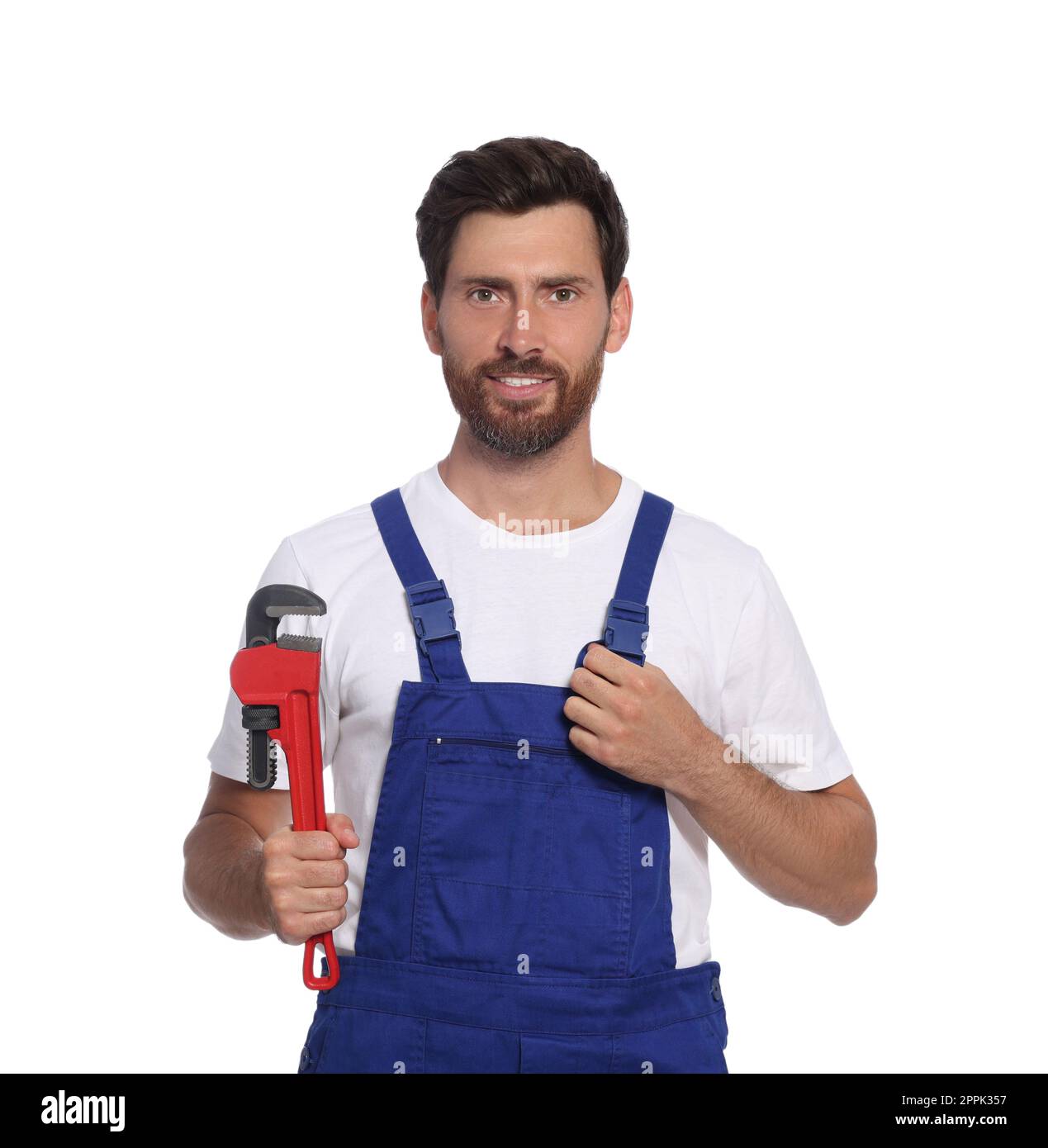 Professional plumber with pipe wrench on white background Stock Photo ...