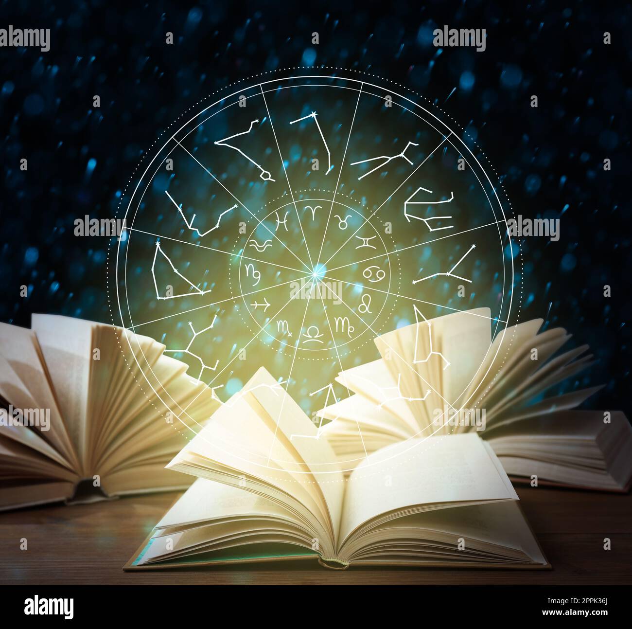 Open book on wooden table and illustration of zodiac wheel with ...