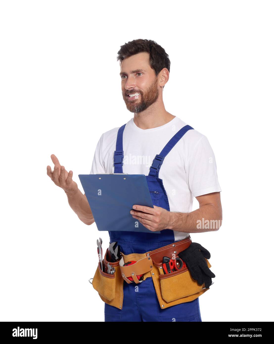 Professional plumber with clipboard and tool belt on white background ...