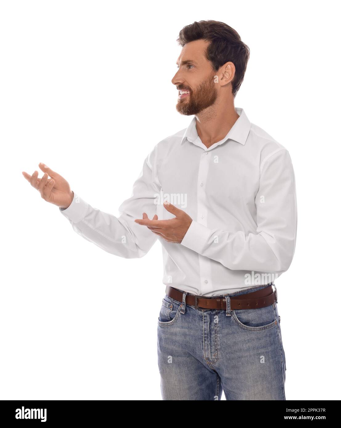 Handsome man gesturing on white background. Weather forecast reporter ...