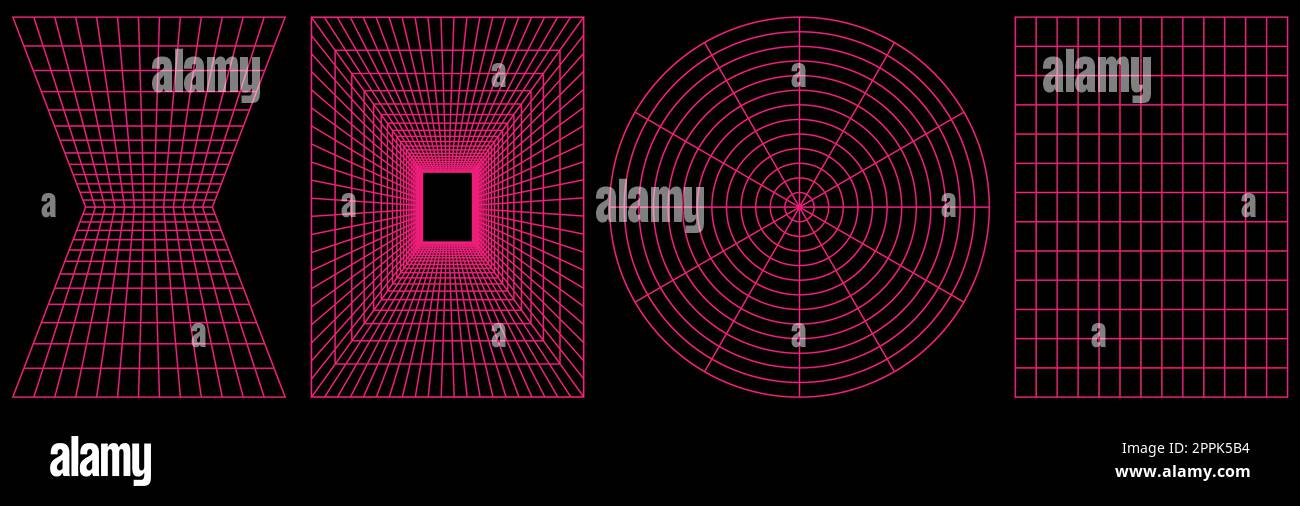 Set Of Geometry Wireframe Grid Backgrounds Cyberpunk Elements In