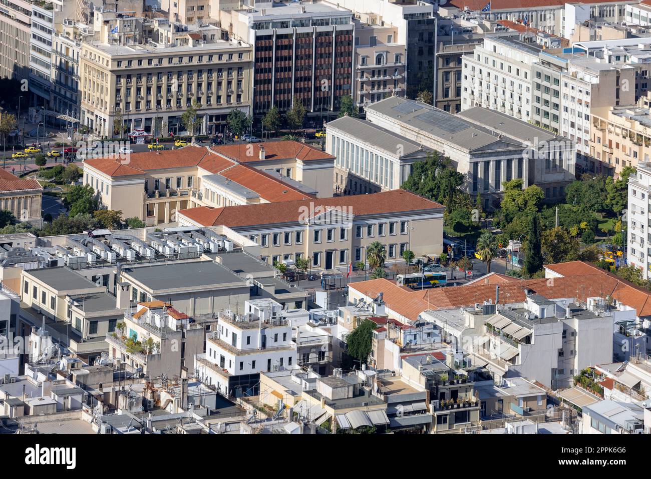 Aerial view from Mount Lycabettus of city with main bulding of National ...