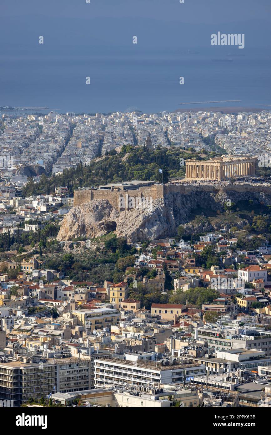 Aerial view of the city with hill of Acropolis of Athens from the Mount Lycabettus, Athens ...