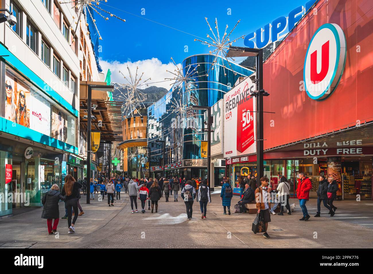 People duty free shopping, street with modern shops in Andorra Stock Photo - Alamy