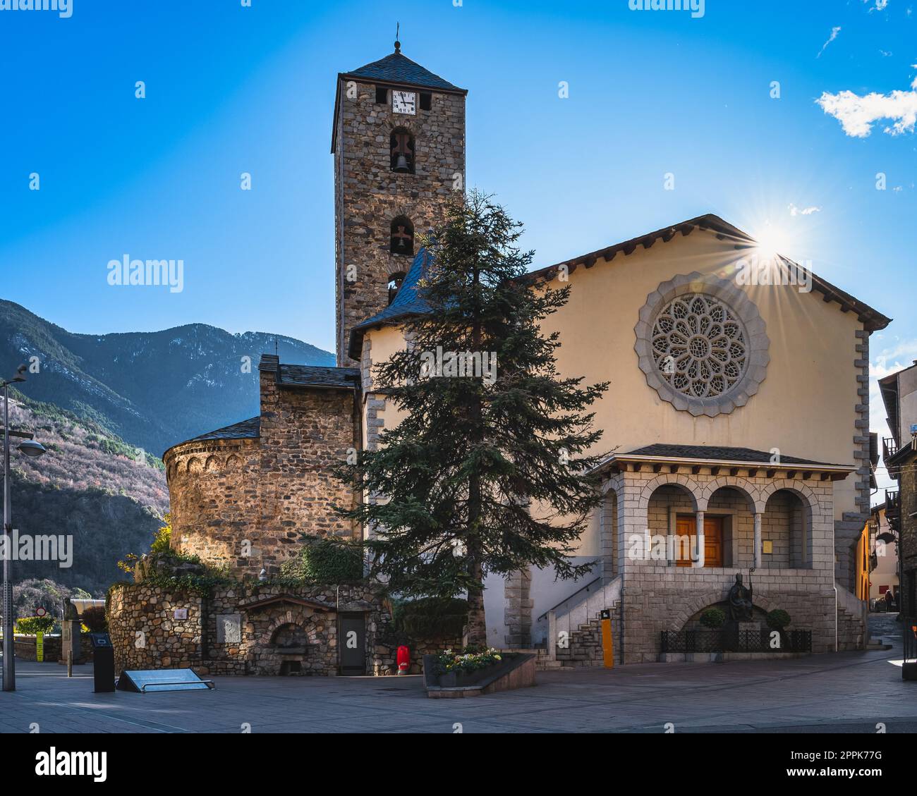 11th century stone St. Esteve Church with sun star, Andorra la Vella ...