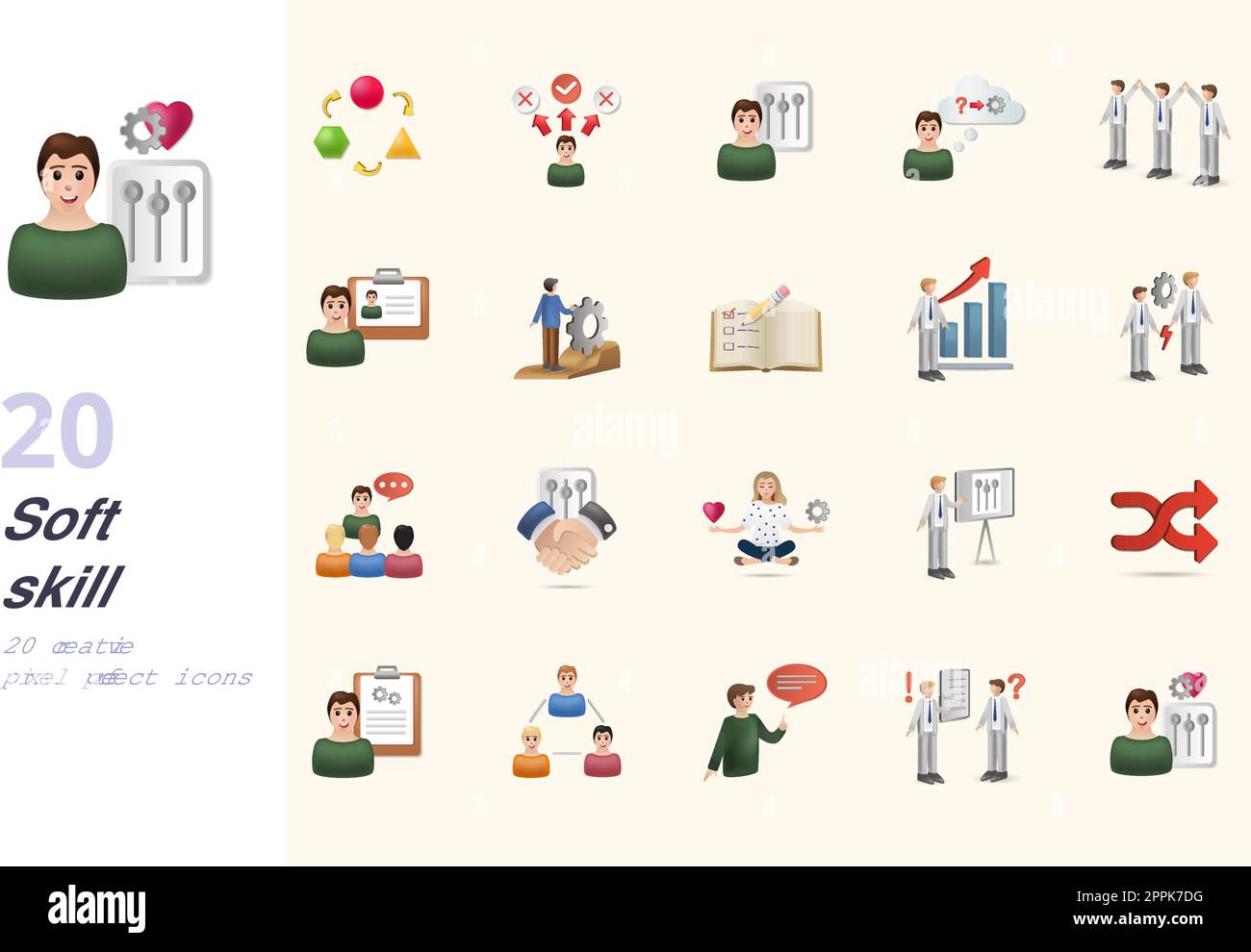 Soft skill set. Creative icons: adaptability, decision making, high eq, problem solving, team ...