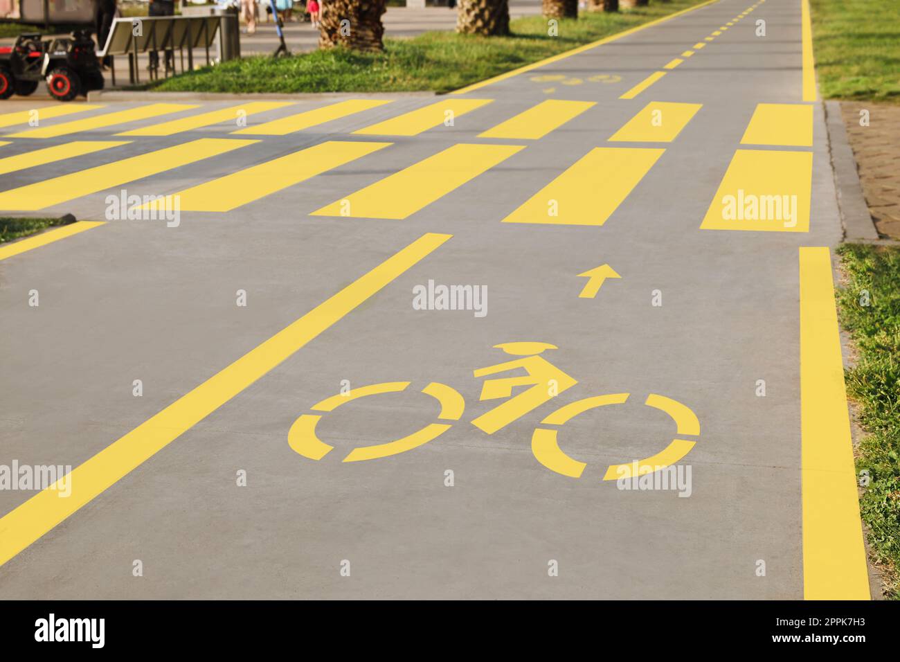 Bike lane with painted yellow bicycle sign and pedestrian crossing ...