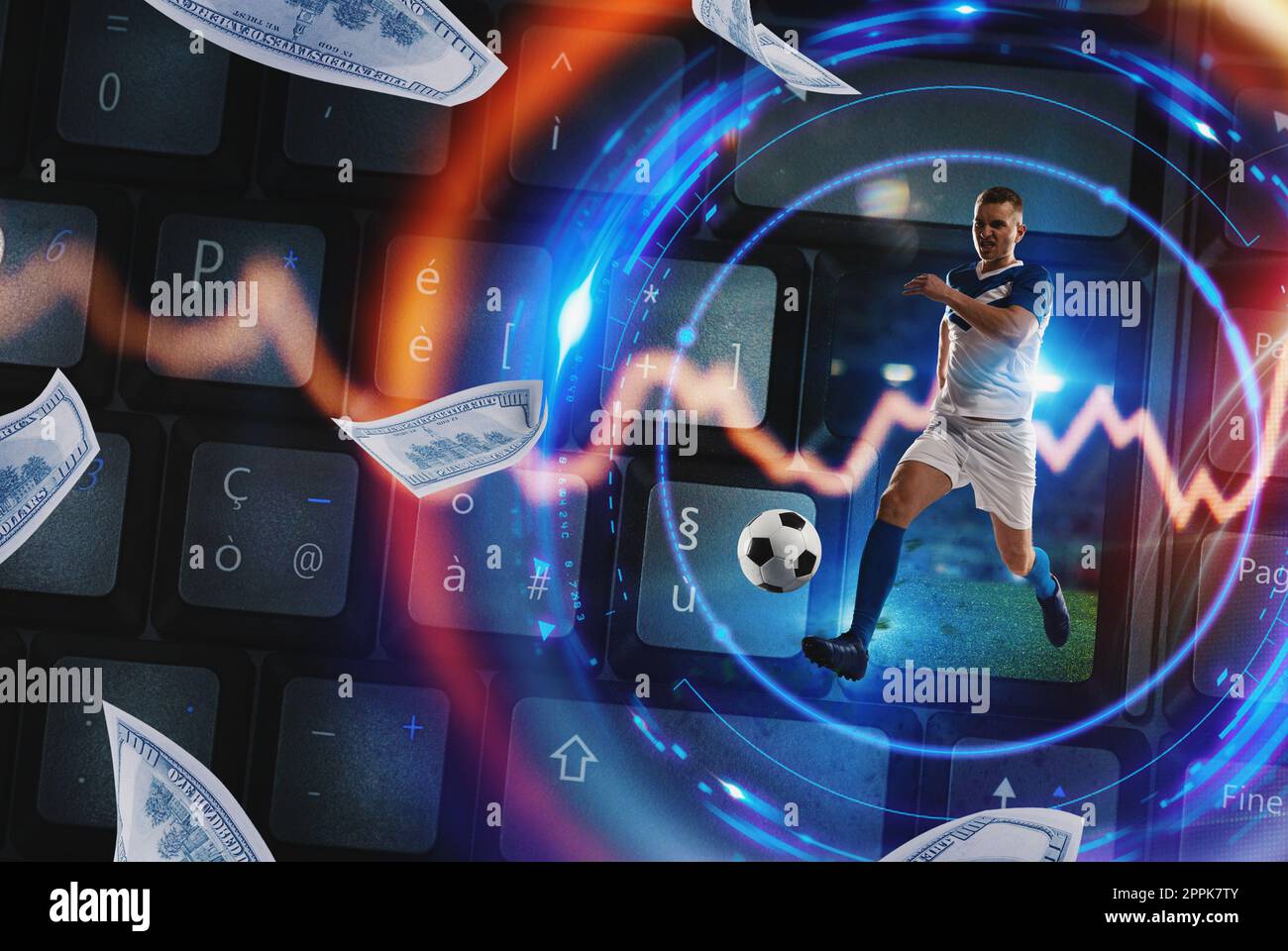 Football player exits from a computer keyboard as online bet and win ...