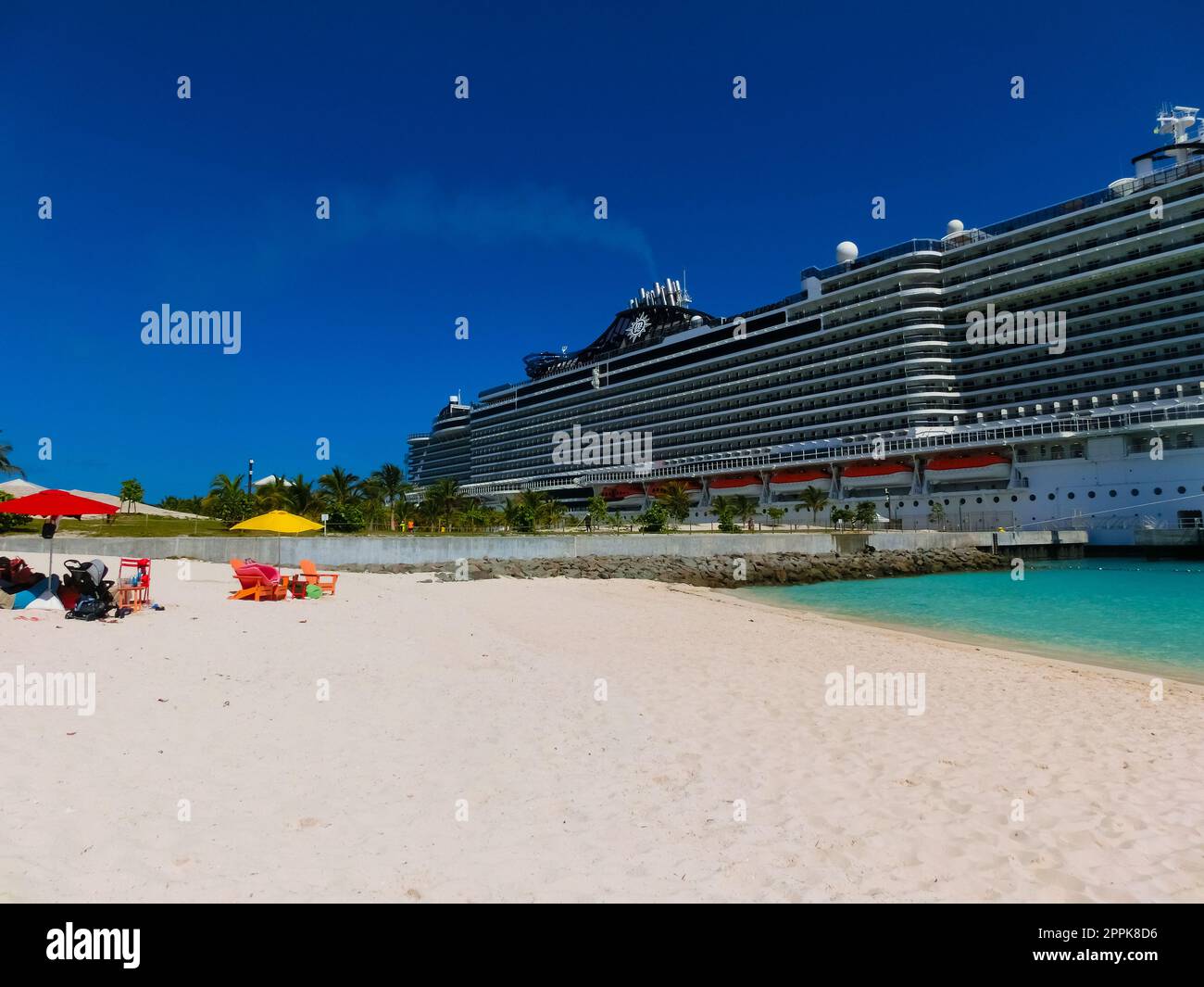 MSC Seashore cruise ship docked at tropical island Ocean Cay, Bahamas ...