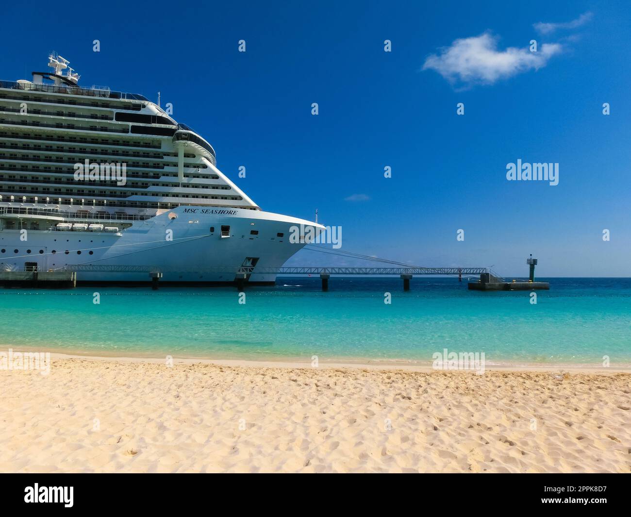 MSC Seashore cruise ship docked at tropical island Ocean Cay, Bahamas ...