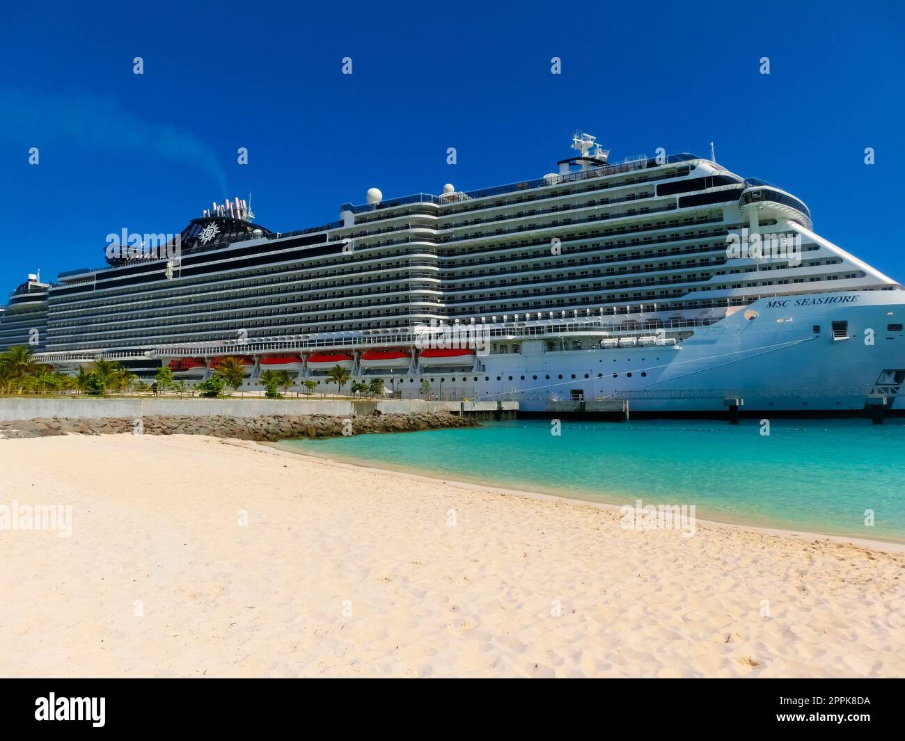 MSC Seashore cruise ship docked at tropical island Ocean Cay, Bahamas ...