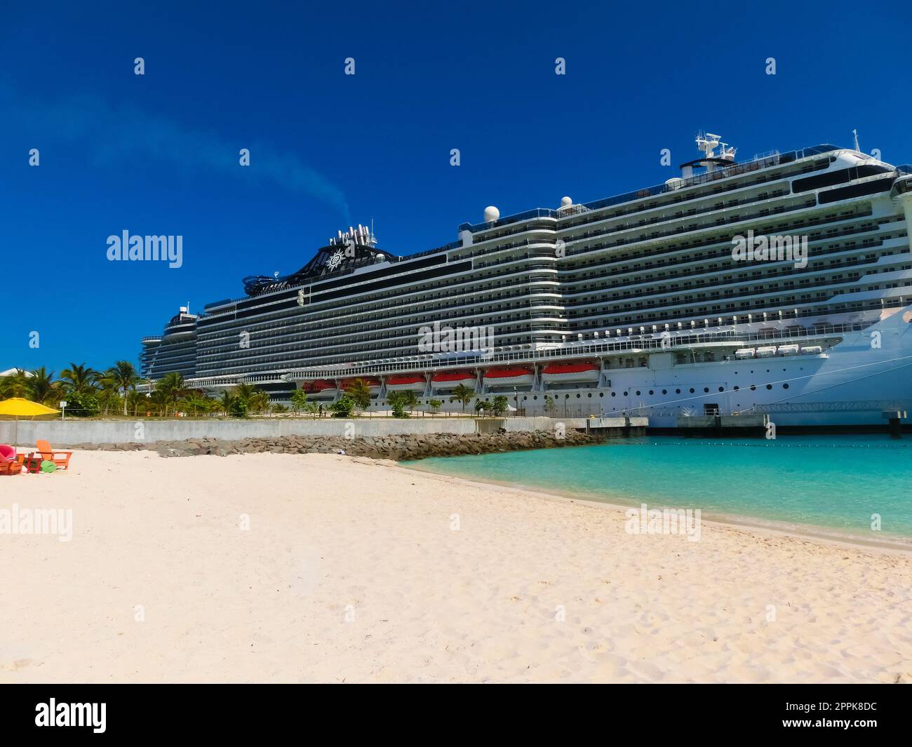 MSC Seashore cruise ship docked at tropical island Ocean Cay, Bahamas ...