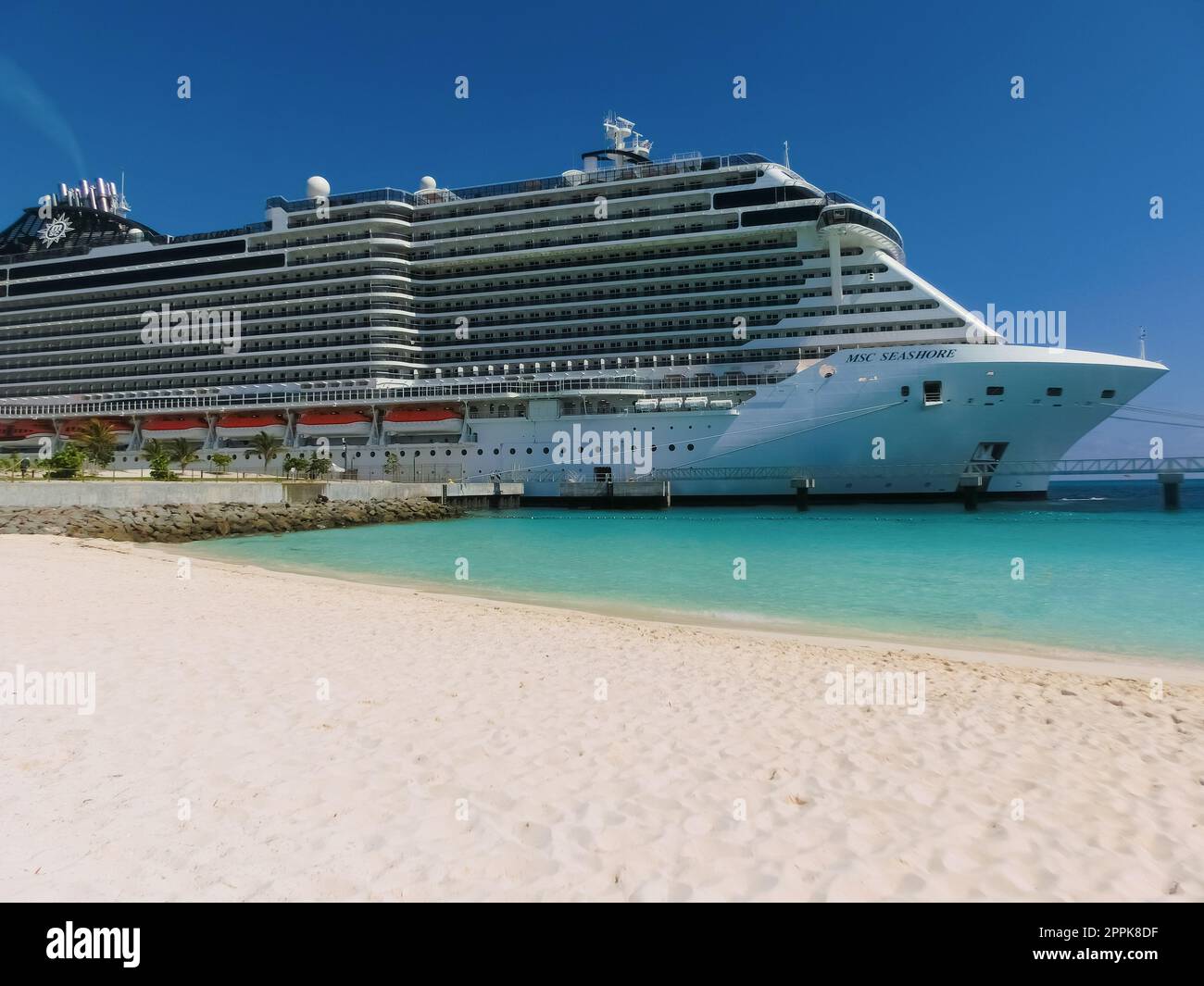 MSC Seashore cruise ship docked at tropical island Ocean Cay, Bahamas ...