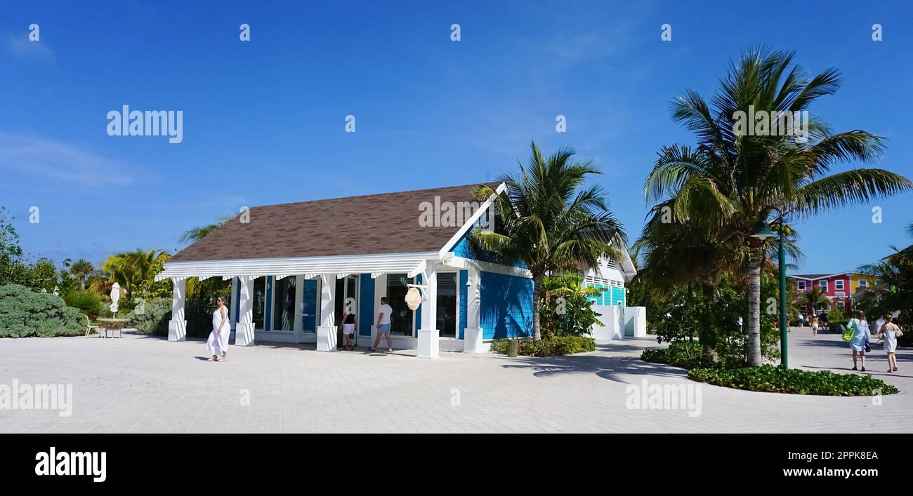 Beach on Ocean Cay Bahamas Island with a colorful houses and turquoise ...