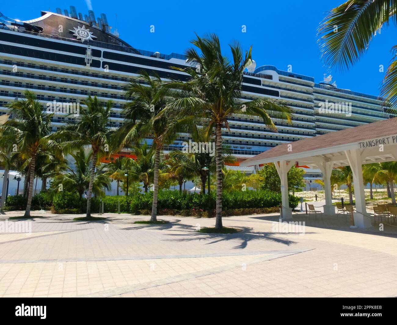 MSC Seashore cruise ship docked at tropical island Ocean Cay, Bahamas ...