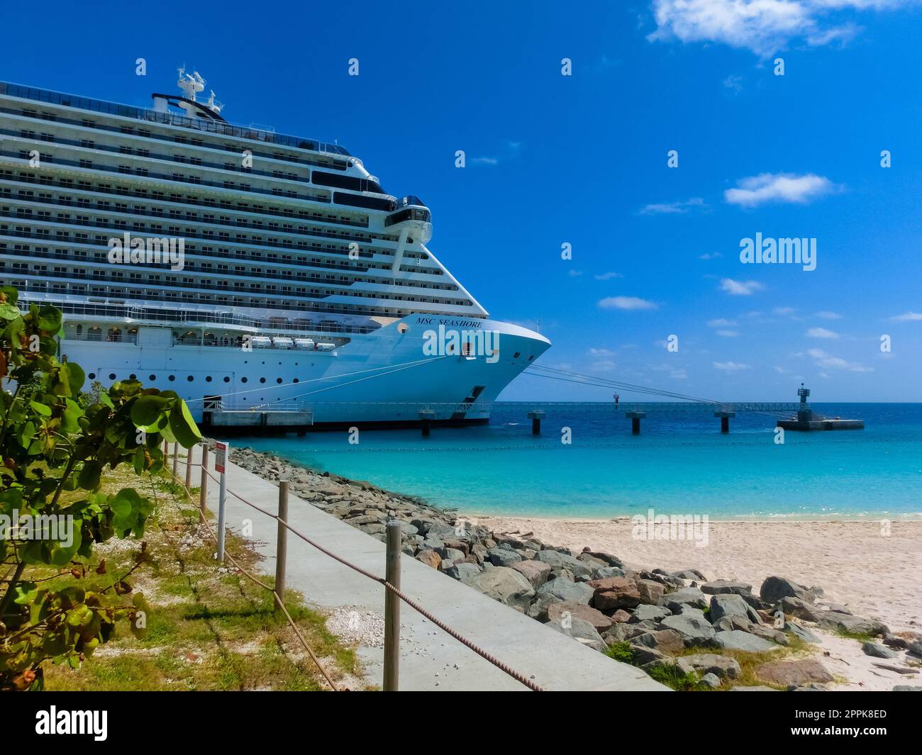 MSC Seashore cruise ship docked at tropical island Ocean Cay, Bahamas ...