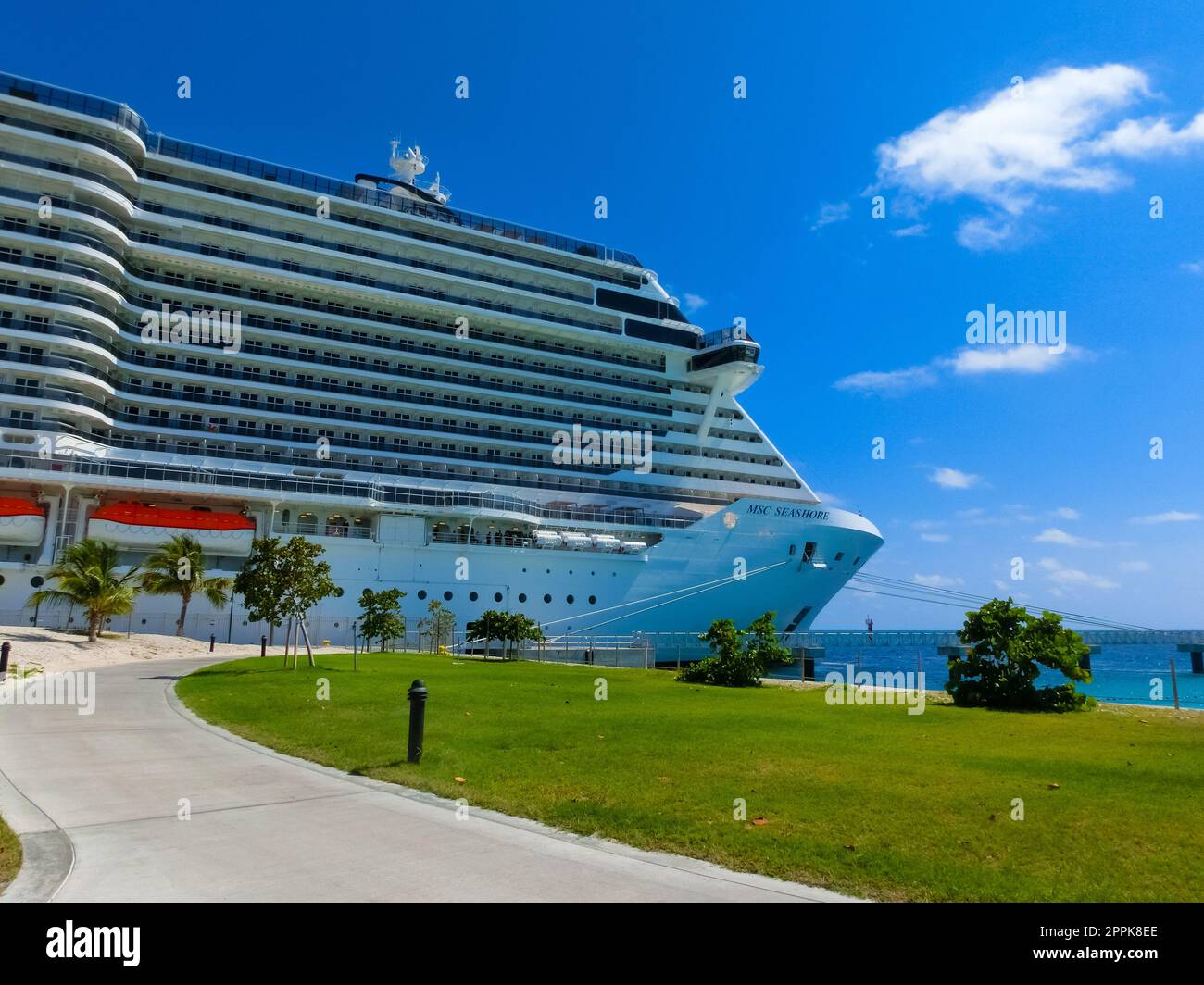MSC Seashore cruise ship docked at tropical island Ocean Cay, Bahamas ...