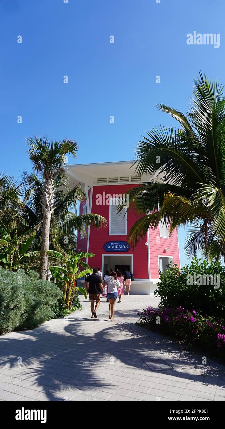 Beach on Ocean Cay Bahamas Island with a colorful houses and turquoise ...