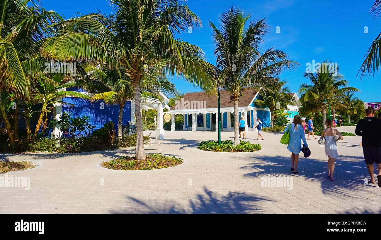 Beach on Ocean Cay Bahamas Island with a colorful houses and turquoise ...