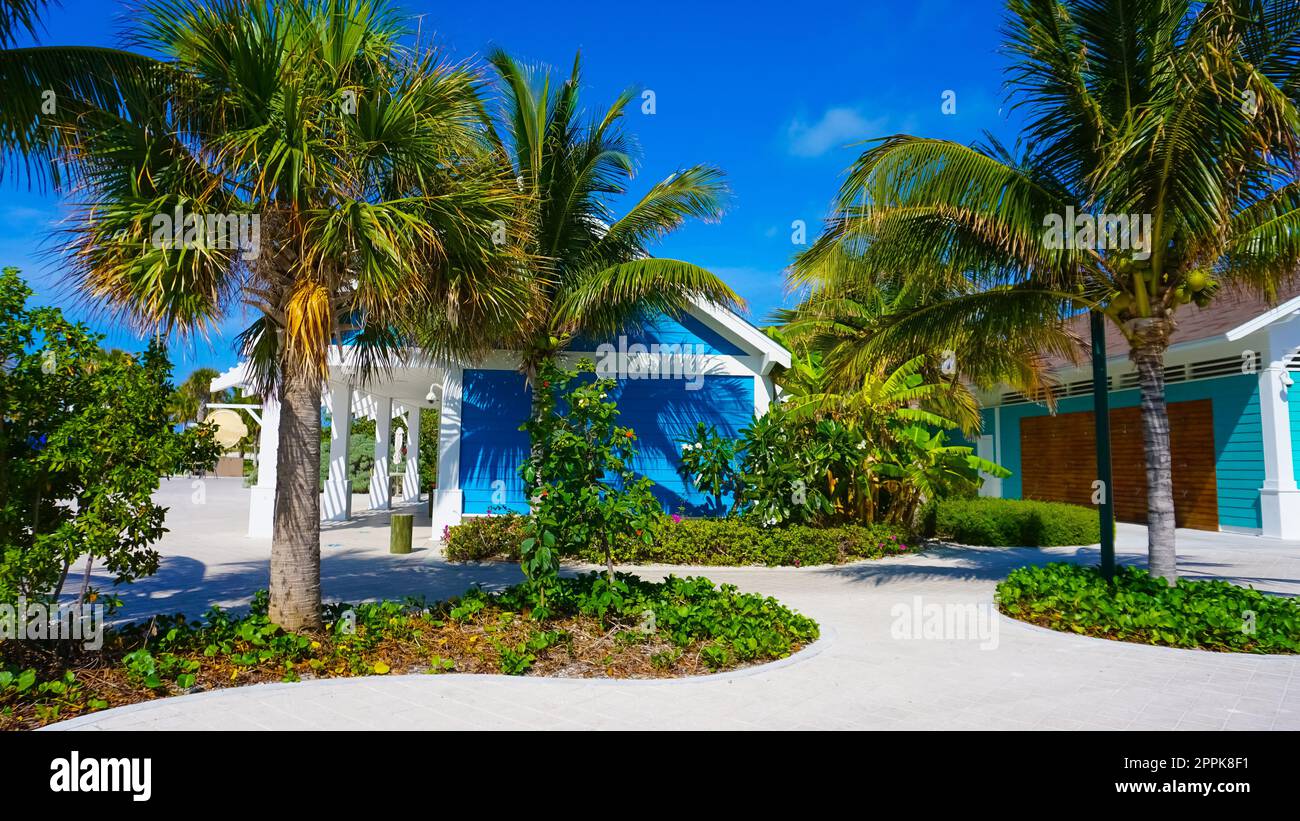 Beach on Ocean Cay Bahamas Island with a colorful houses and turquoise ...