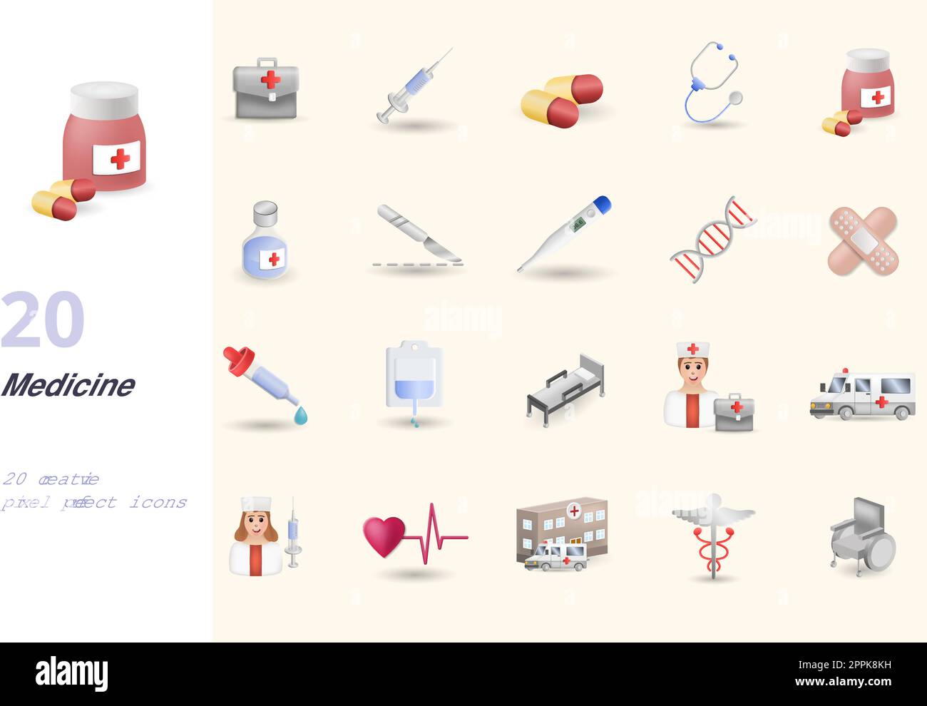 Medicine set. Creative icons: medical bag, syringe, pills, stethoscope ...
