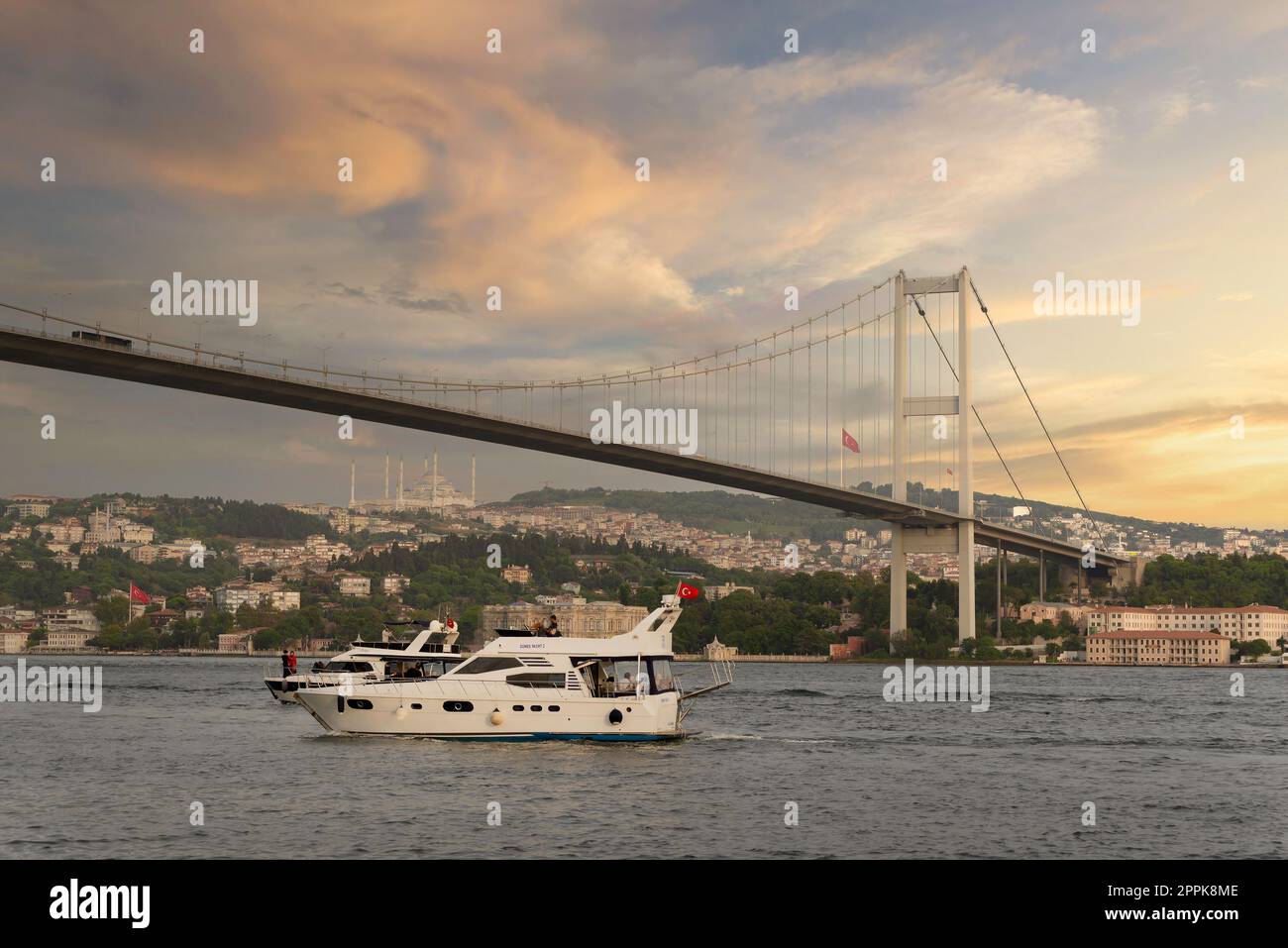 Sunset shot of Istanbul city overlooking Bosphorus strait, with ...