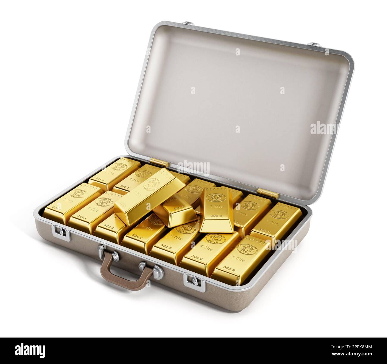 Gold ingots in the briefcase isolated on white background. 3D ...