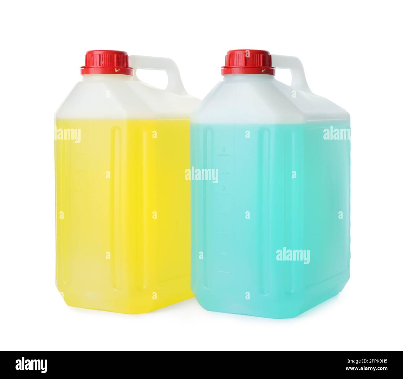 Canisters of cleaning detergents on white background. Household care ...
