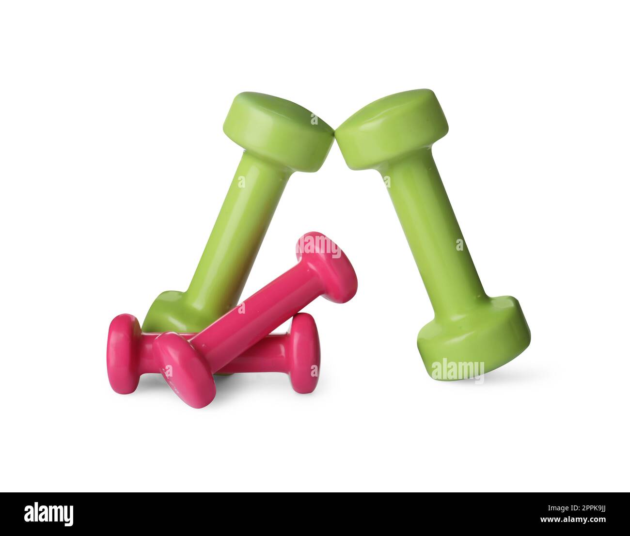 Colorful dumbbells on white background. Weight training equipment Stock ...