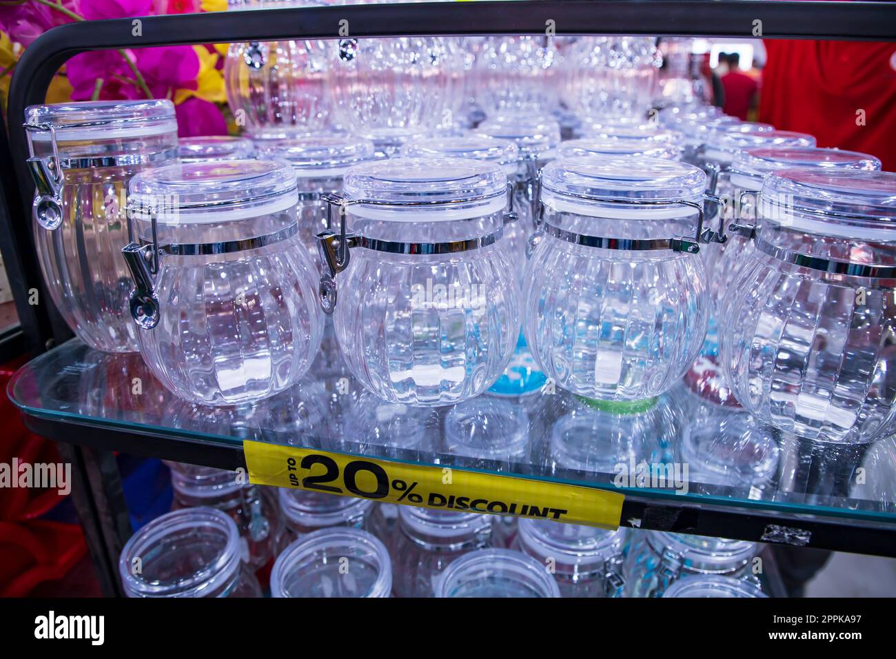 Transparent Plastic jur on a shelf in a supermarket, closeup of photo ...