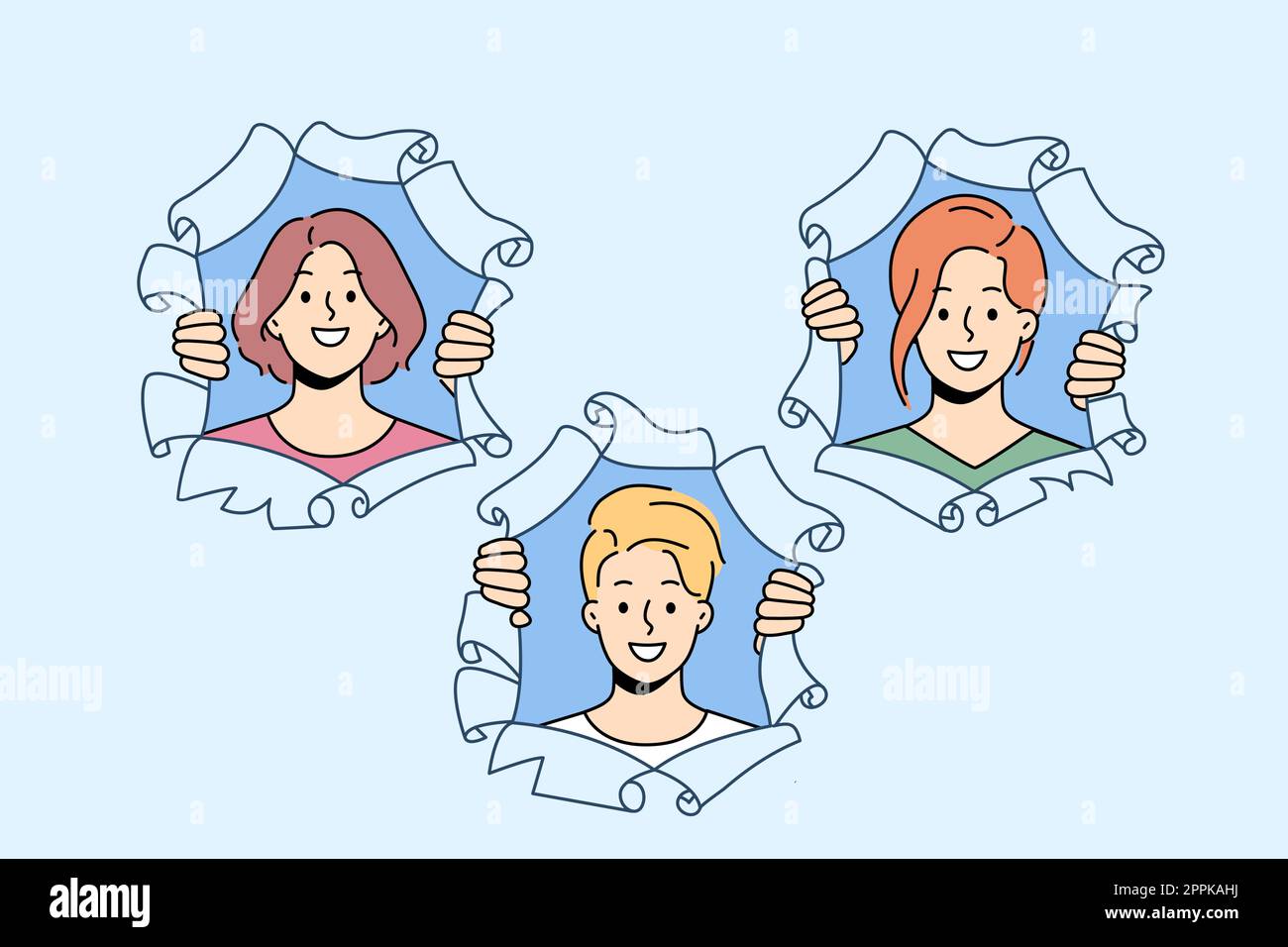 Smiling people look out of paper holes. Happy men and women faces stare ...