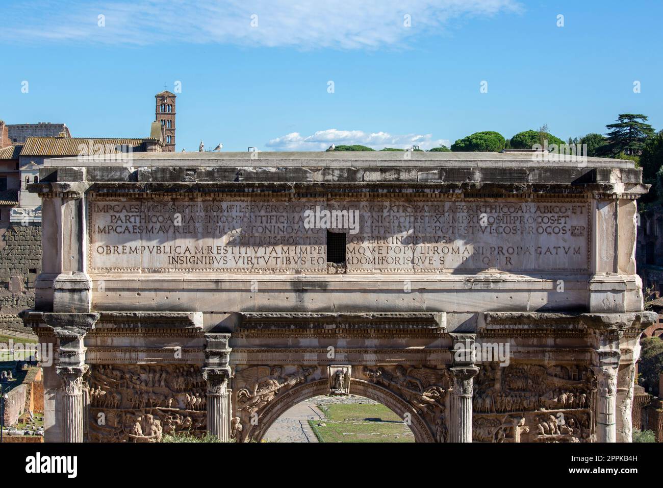 Forum Roman, view of the ruins of several important ancient buildings, remains of Arch of ...