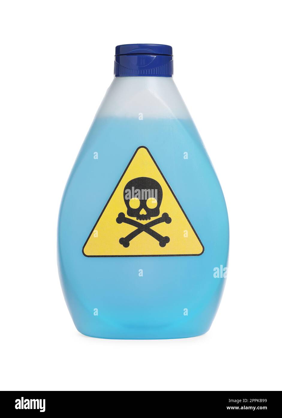 Bottle of toxic household chemical with warning sign isolated on white ...